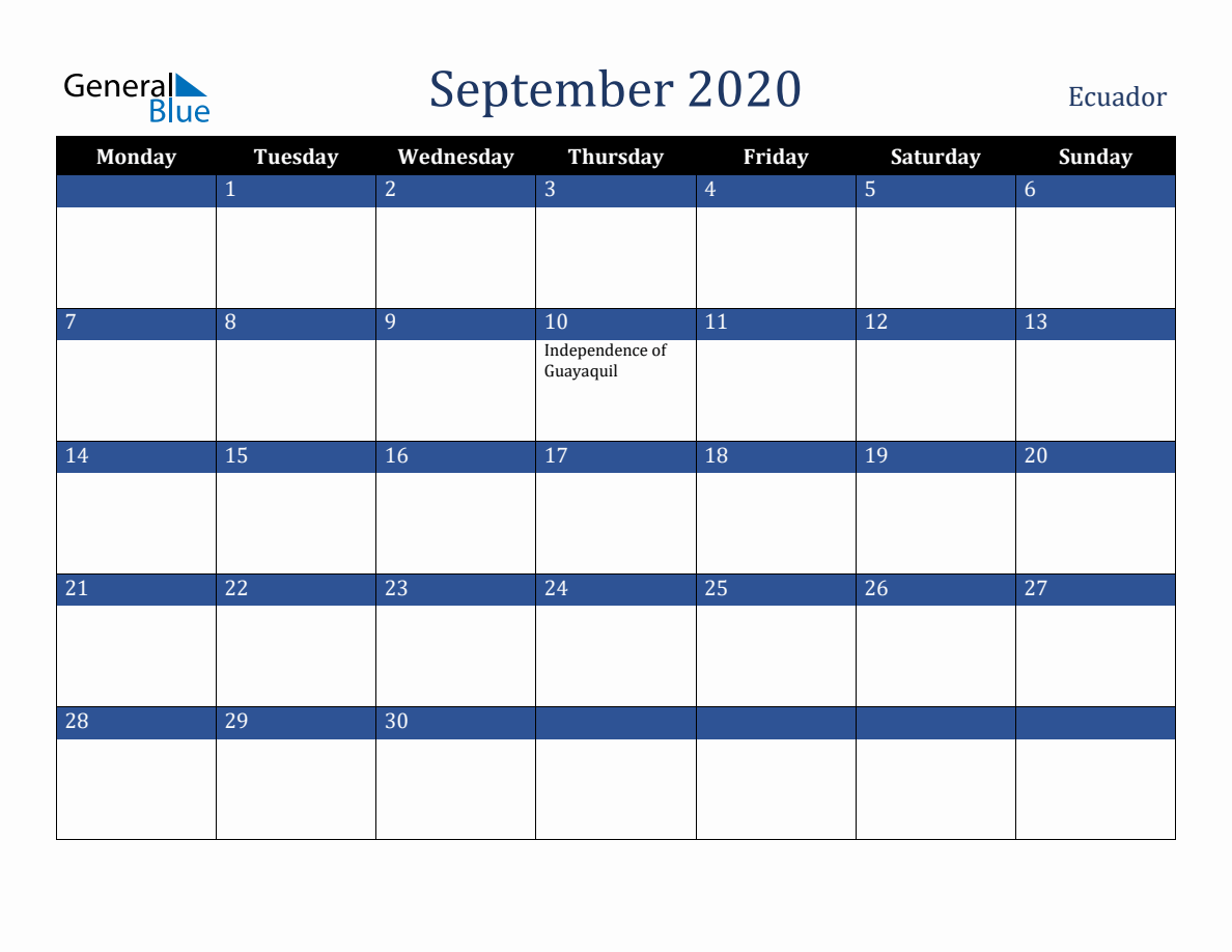 September 2020 Ecuador Holiday Calendar (Monday Start)