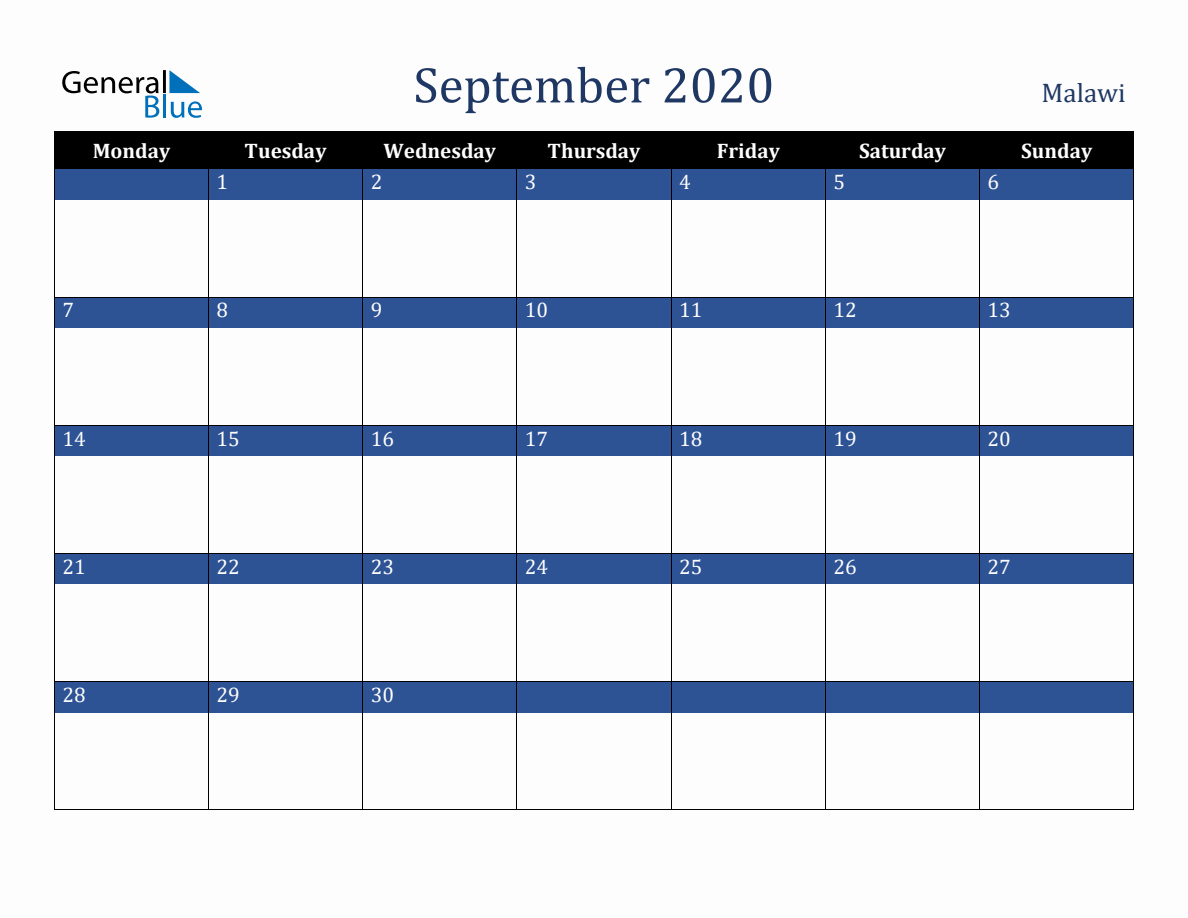 September 2020 Malawi Holiday Calendar
