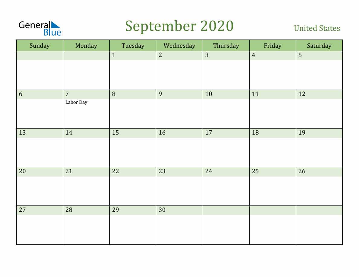 Fillable Holiday Calendar for United States - September 2020