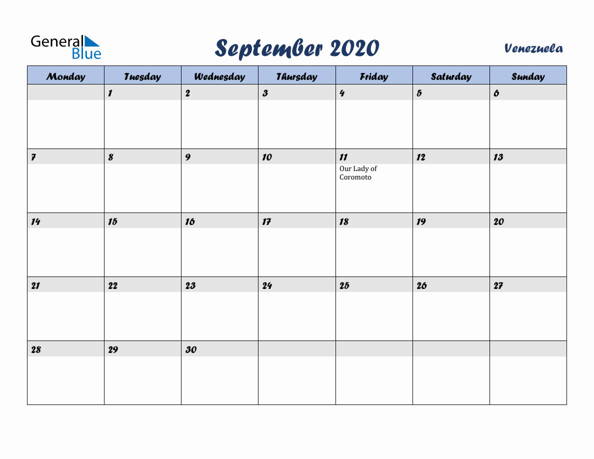 September 2020 Monthly Calendar Template with Holidays for Venezuela ...
