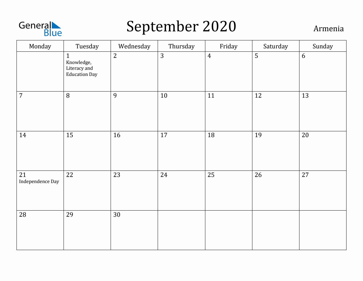 Armenia Monthly Calendar - September 2020 (Monday Start)