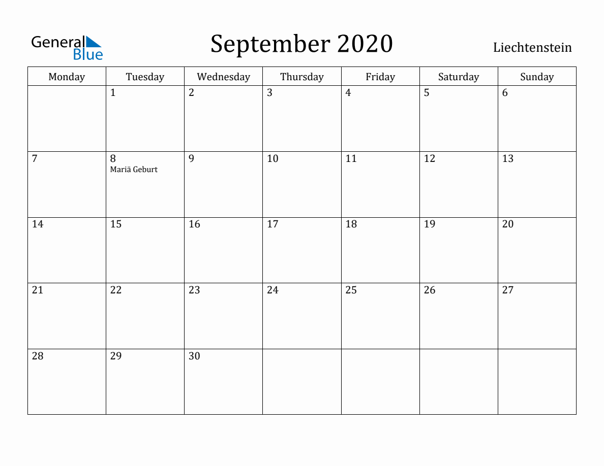 Liechtenstein Monthly Calendar - September 2020 (Monday Start)