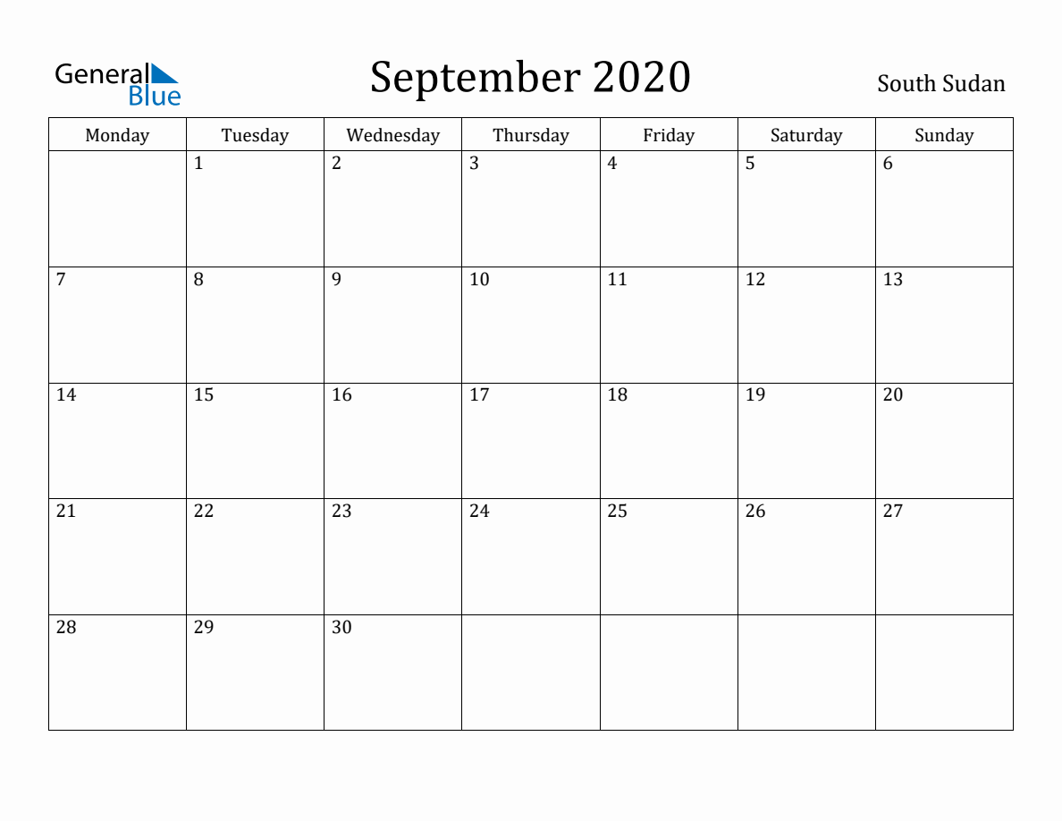 South Sudan Monthly Calendar - September 2020 (Monday Start)