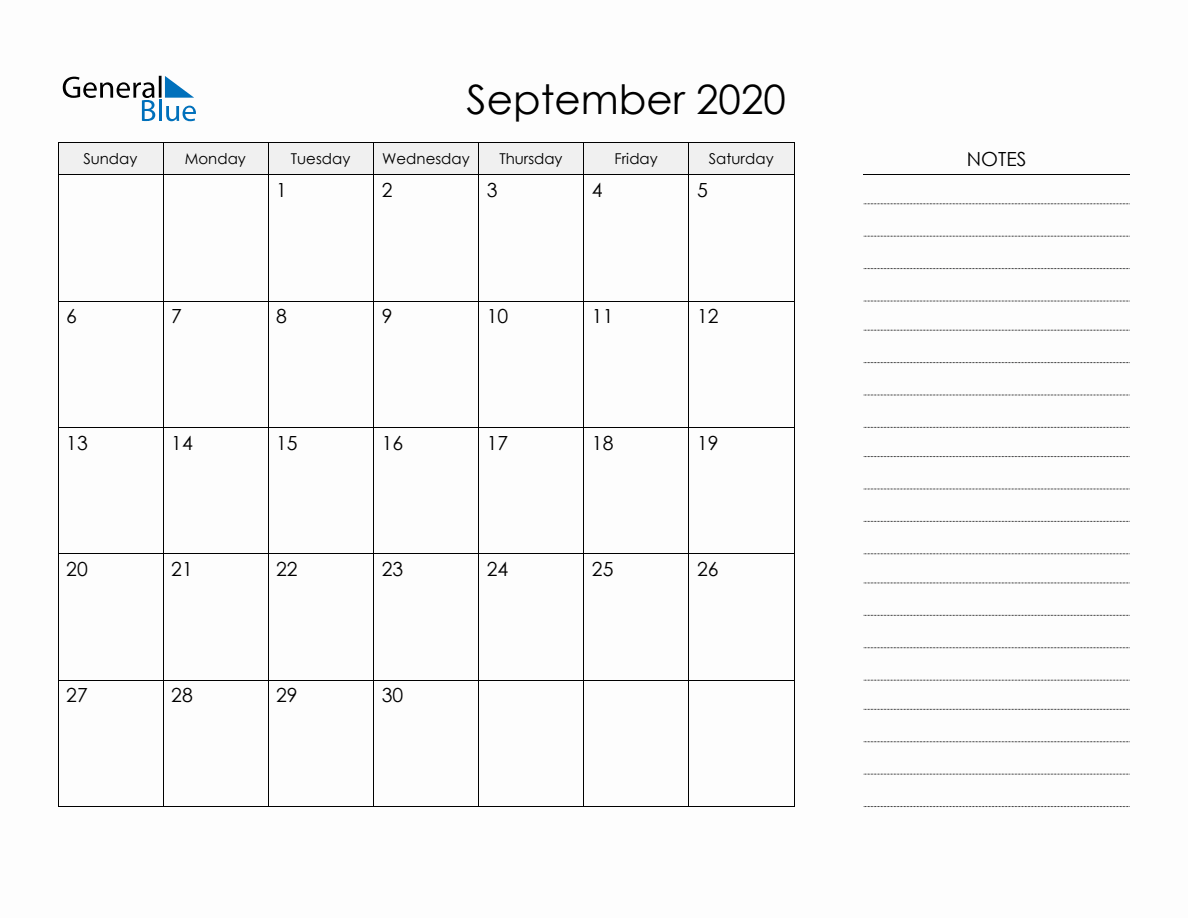 Printable Monthly Calendar with Notes - September 2020