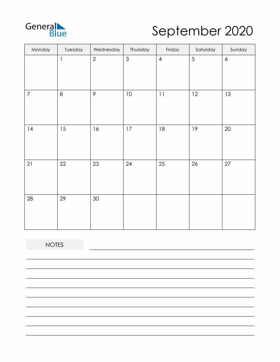 September 2020 Monthly Planner Calendar - Monday Start