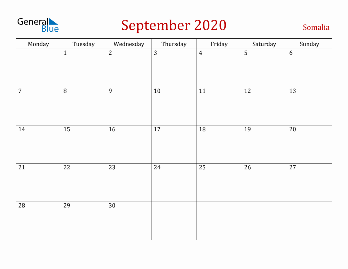 September 2020 Somalia Monthly Calendar with Holidays (Monday Start)