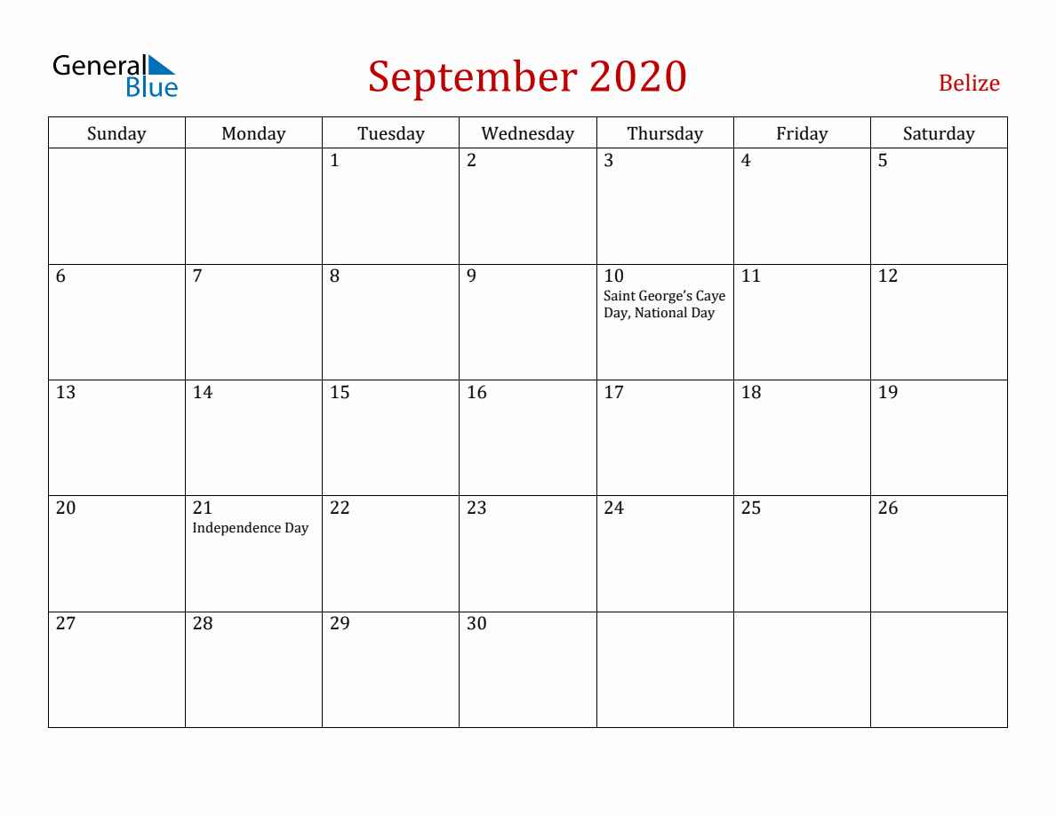 September 2020 Belize Monthly Calendar with Holidays