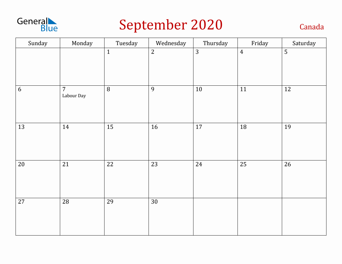 September 2020 Canada Monthly Calendar with Holidays