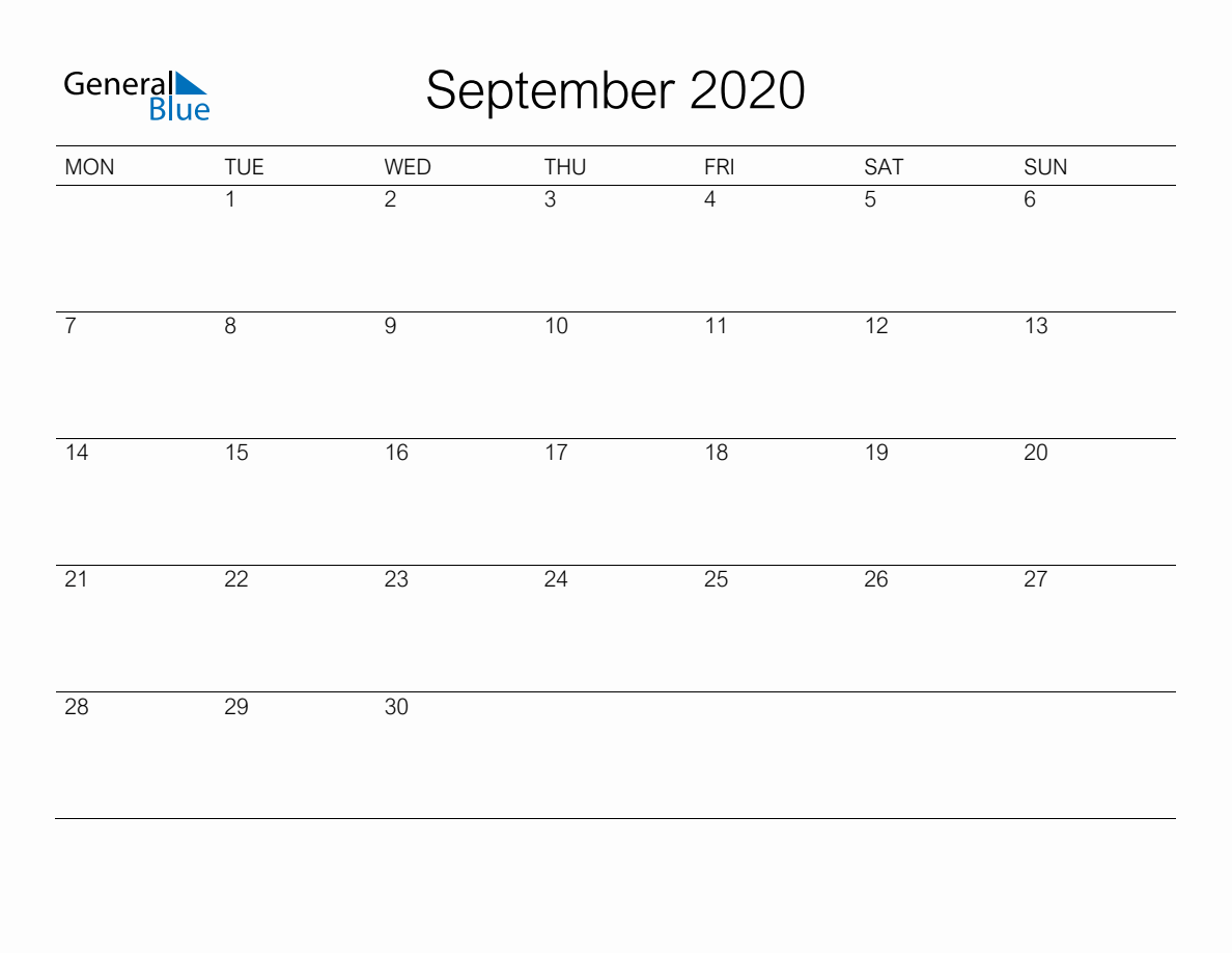 Printable September 2020 Monthly Calendar - Monday Start
