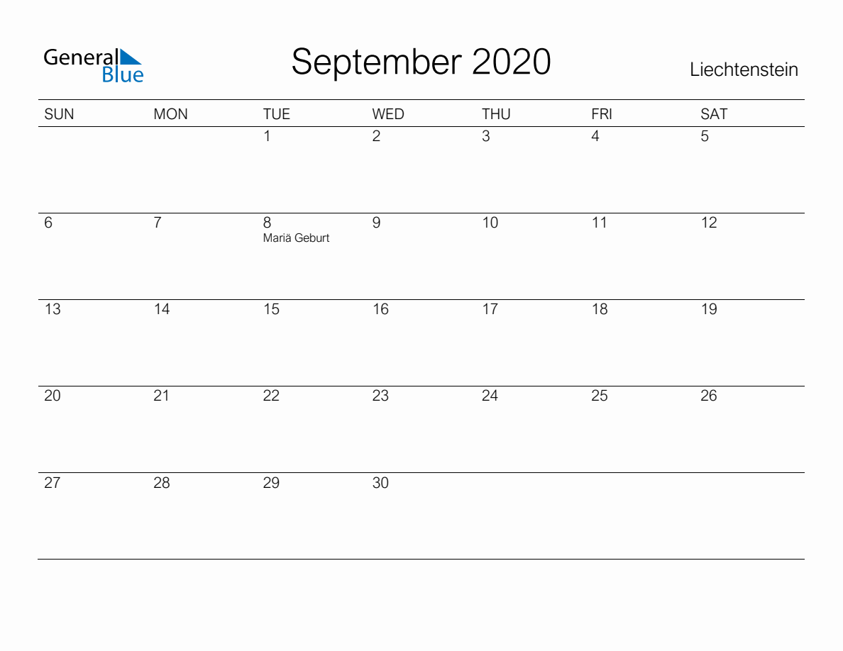 Printable September 2020 Monthly Calendar with Holidays for Liechtenstein