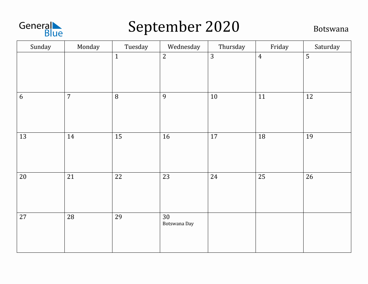 September 2020 Monthly Calendar with Botswana Holidays