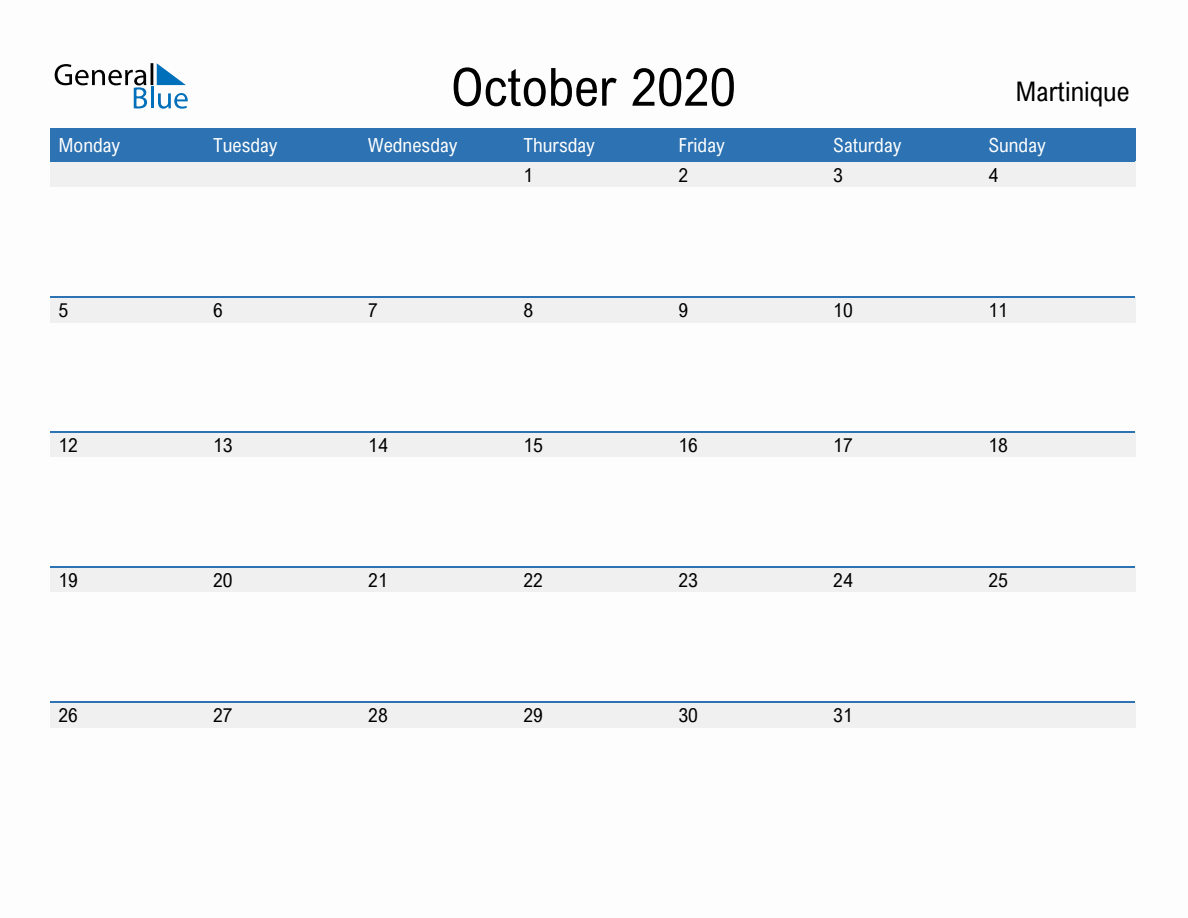Editable October 2020 Calendar with Martinique Holidays (Monday Start)