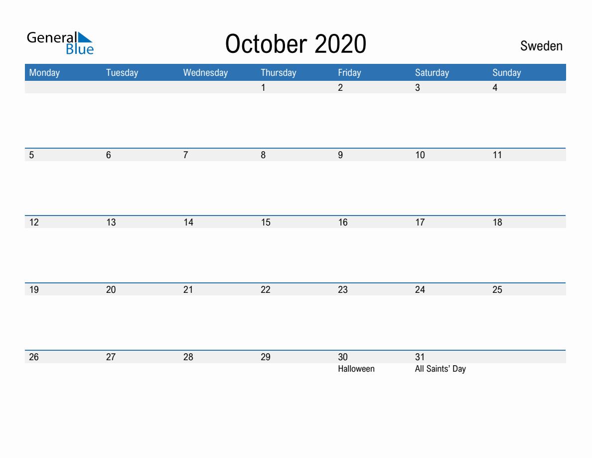 Editable October 2020 Calendar with Sweden Holidays (Monday Start)