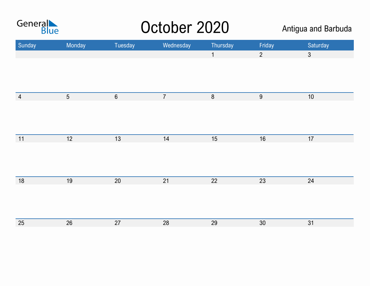 Editable October 2020 Calendar with Antigua and Barbuda Holidays