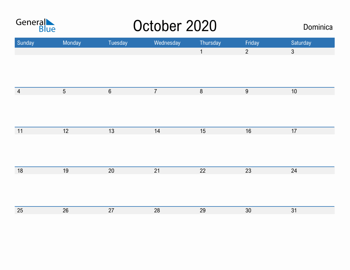 October 2020 Monthly Calendars with Dominica Holidays