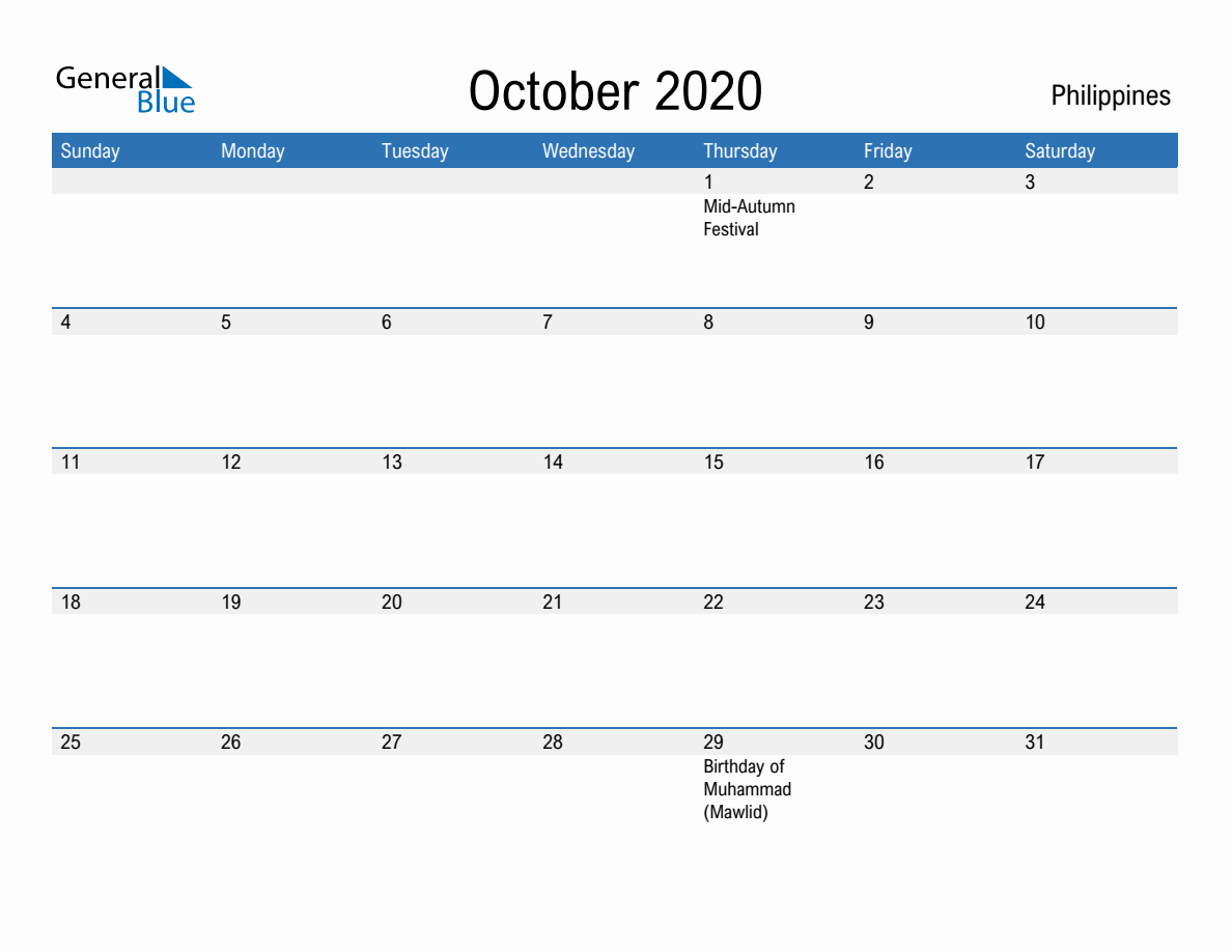 Editable October 2020 Calendar with Philippines Holidays