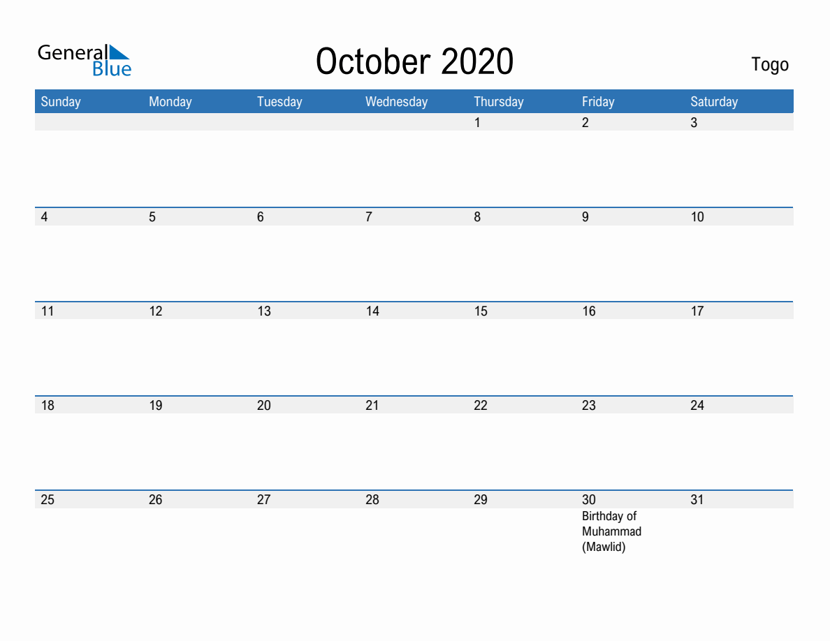 Editable October 2020 Calendar with Togo Holidays