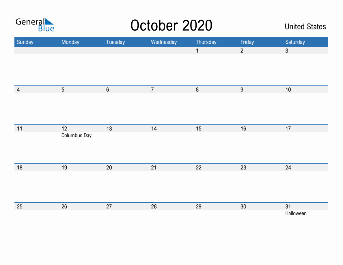 October 2020 Monthly Calendar with United States Holidays