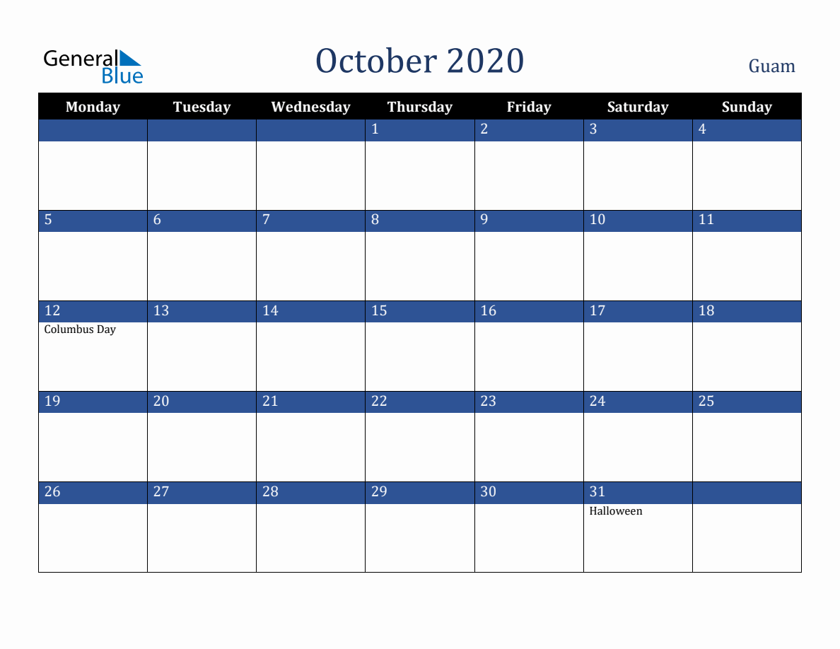 October 2020 Guam Holiday Calendar (Monday Start)