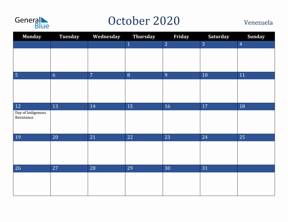October 2020 Venezuela Holiday Calendar (Monday Start)