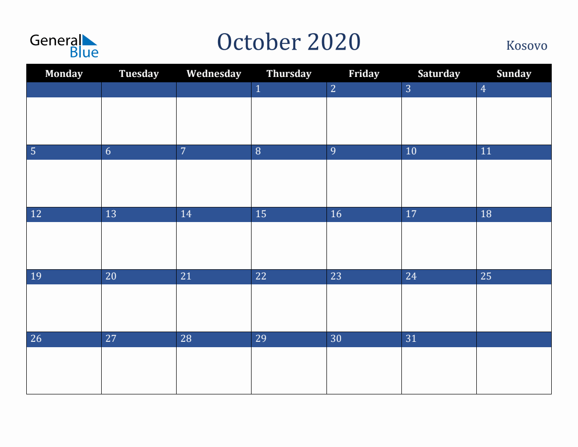 October 2020 Kosovo Holiday Calendar (Monday Start)