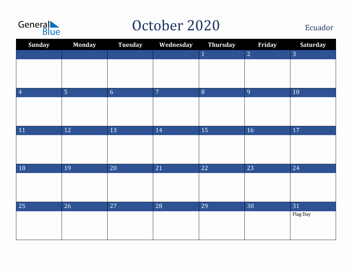 October 2020 Ecuador Holiday Calendar