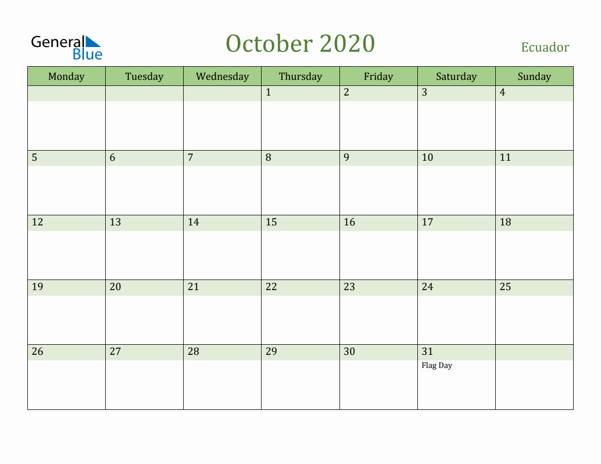 Fillable Holiday Calendar for Ecuador - October 2020 (Monday Start)