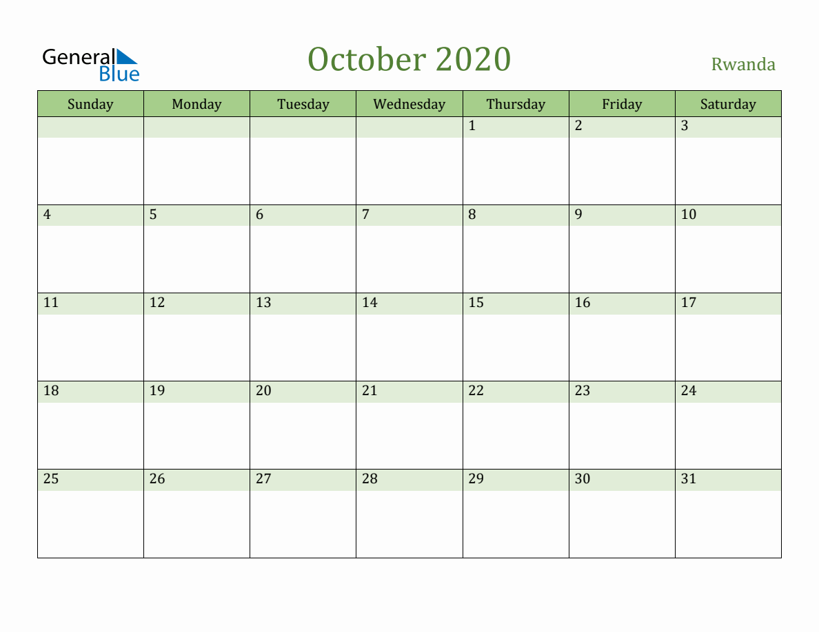 Fillable Holiday Calendar for Rwanda - October 2020