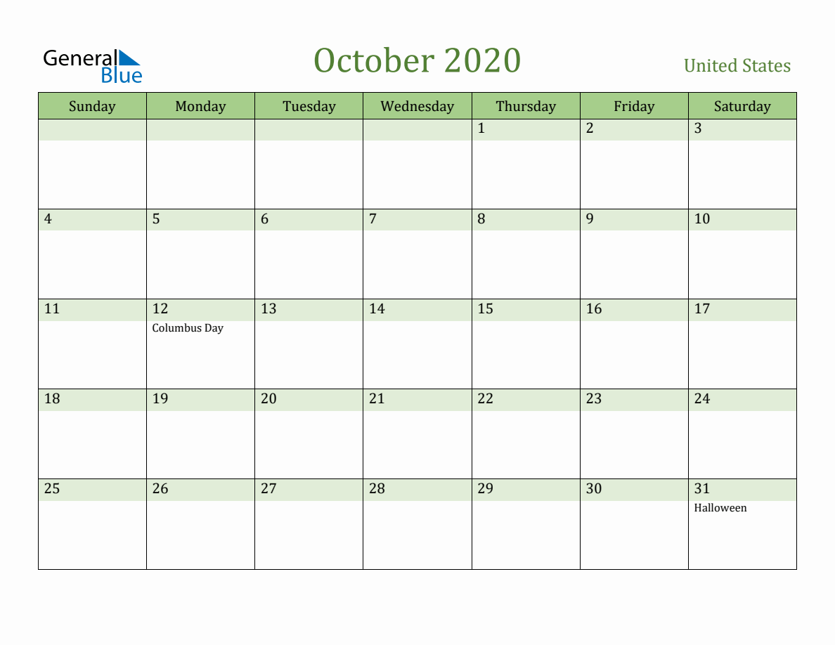 Fillable Holiday Calendar for United States - October 2020