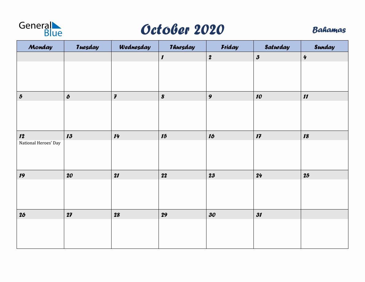 October 2020 Monthly Calendar Template with Holidays for Bahamas ...