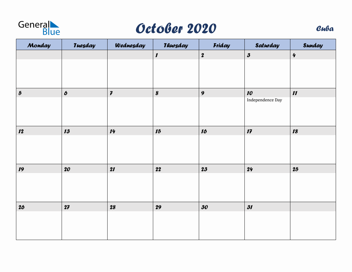 October 2020 Monthly Calendar Template with Holidays for Cuba (Monday ...