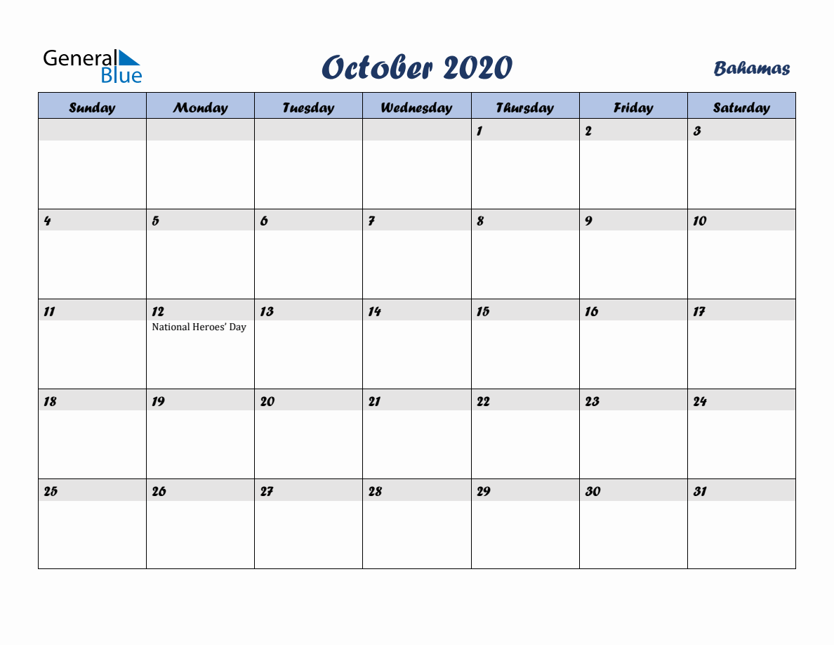 October 2020 Monthly Calendar Template with Holidays for Bahamas