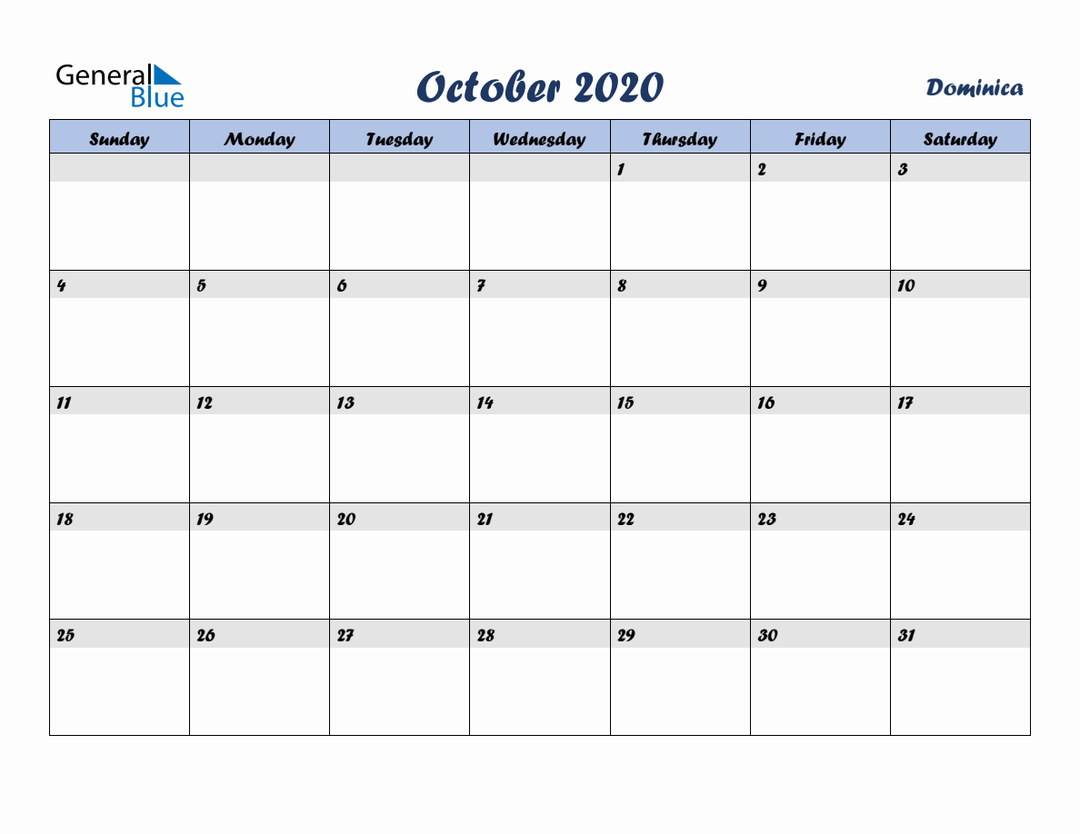 October 2020 Monthly Calendar Template with Holidays for Dominica