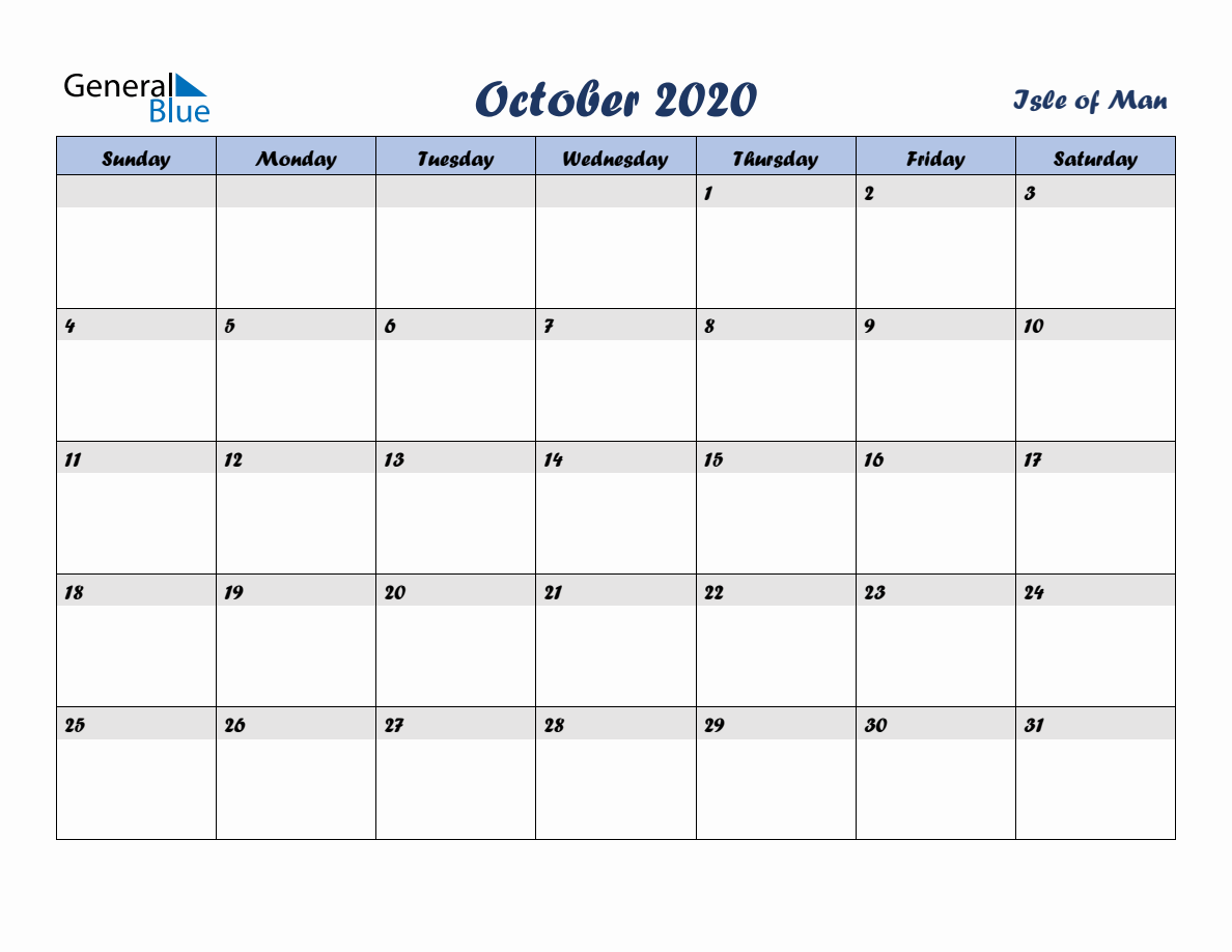 October 2020 Monthly Calendar Template with Holidays for Isle of Man