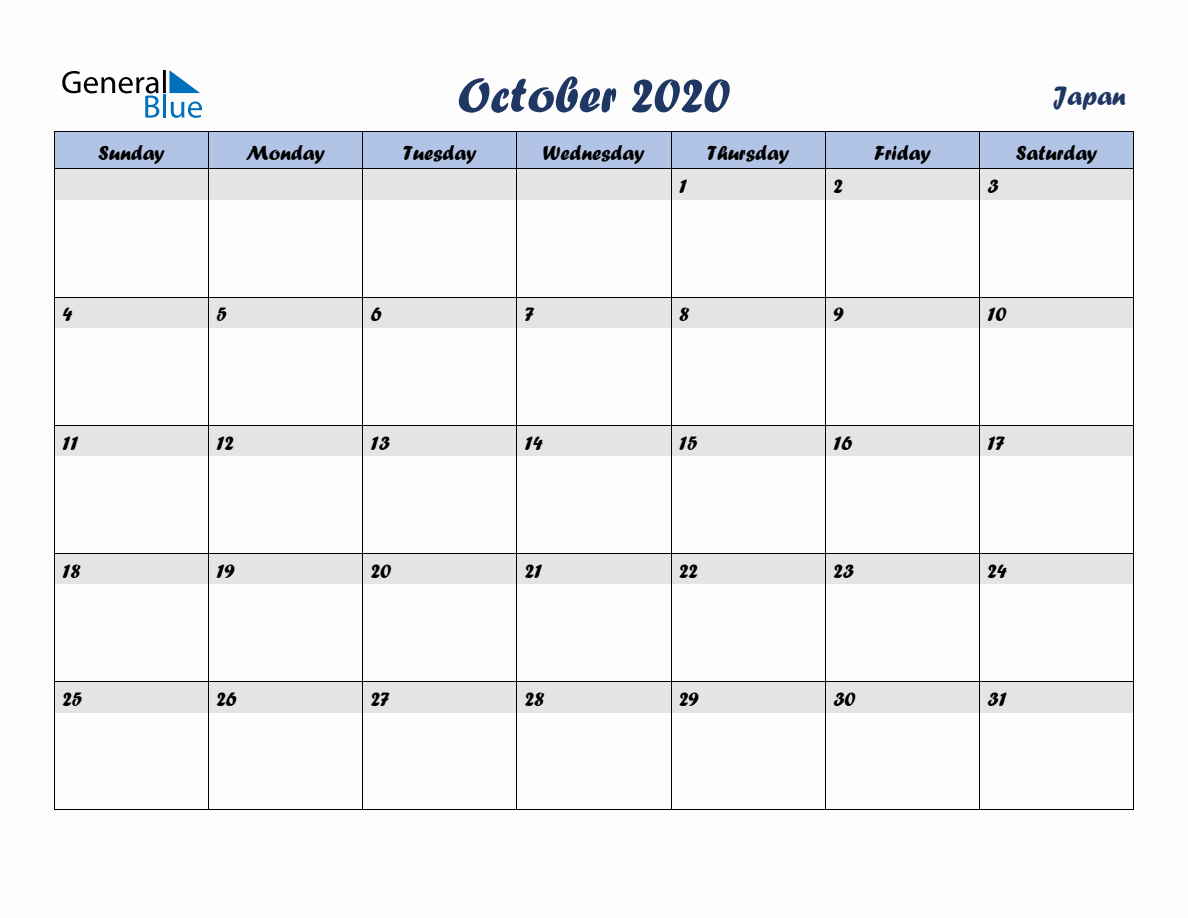 October 2020 Monthly Calendar Template with Holidays for Japan