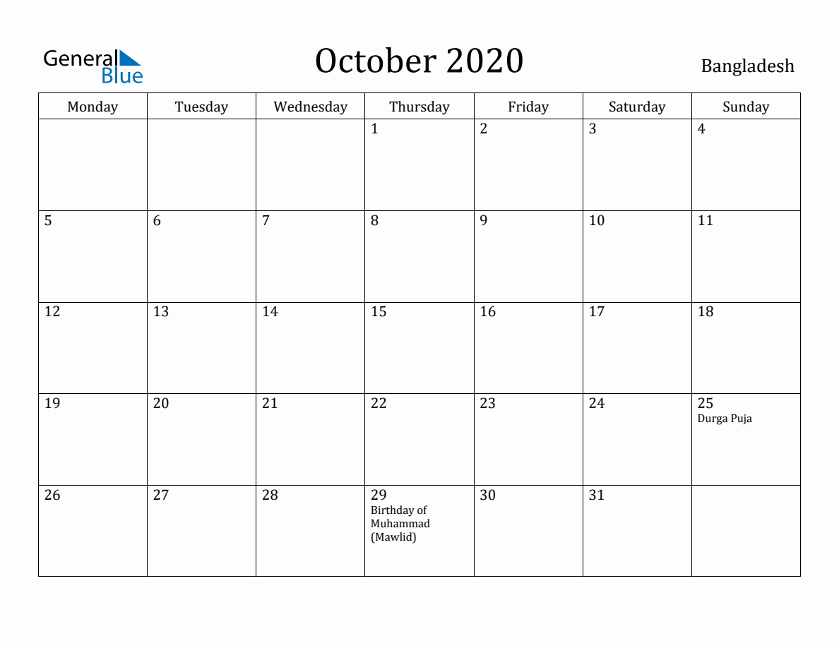 Bangladesh Monthly Calendar - October 2020 (Monday Start)