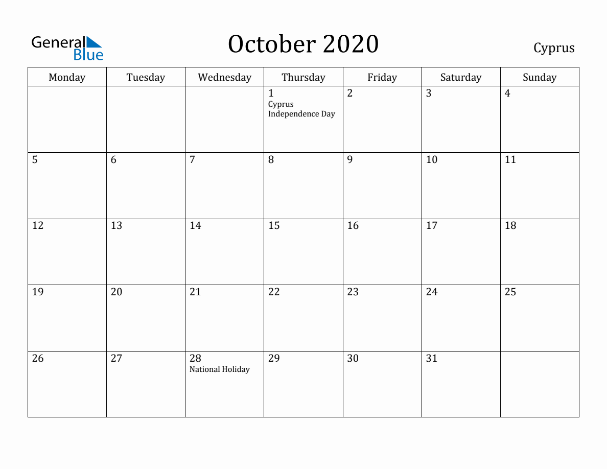 October 2020 Monthly Calendar with Cyprus Holidays (Monday Start)