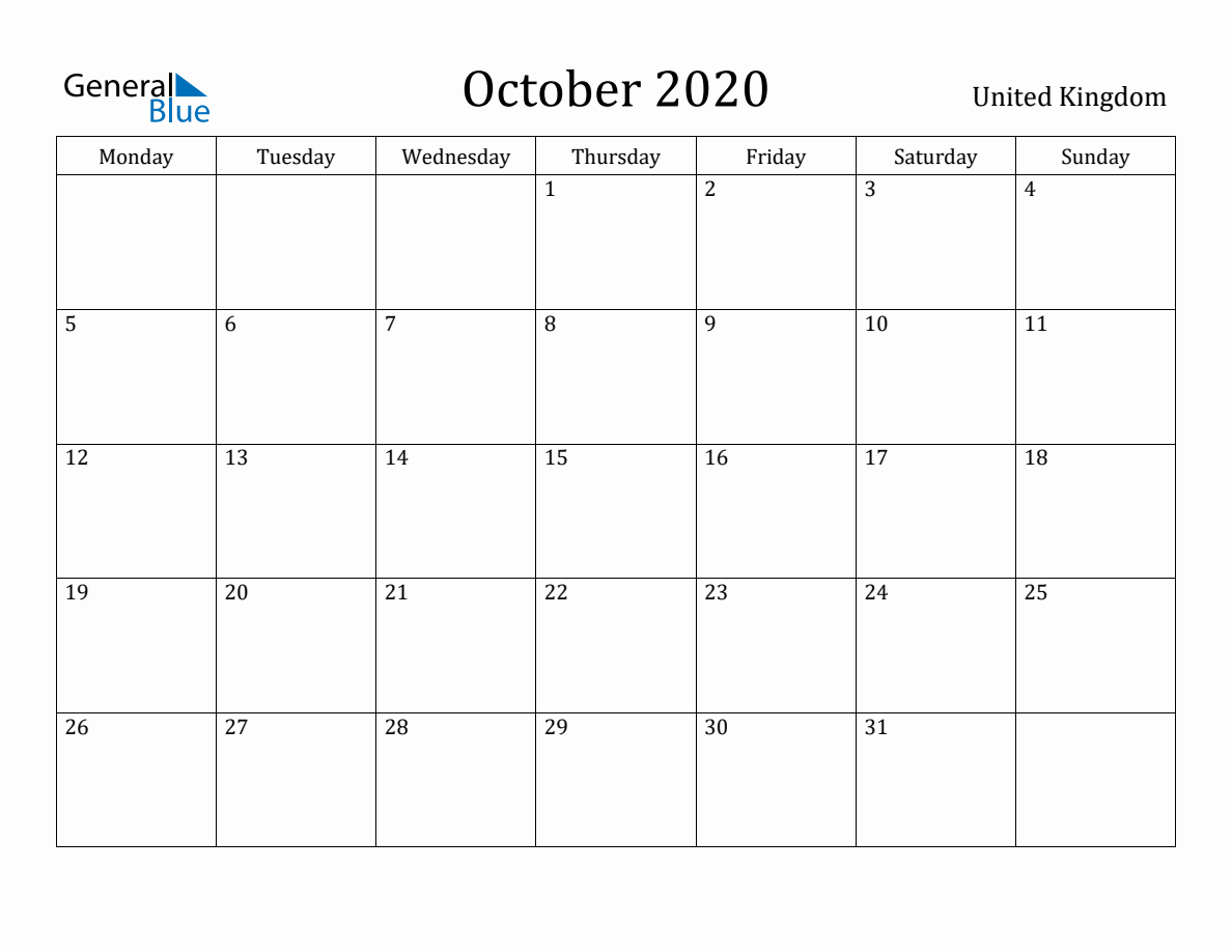 United Kingdom Monthly Calendar - October 2020 (Monday Start)