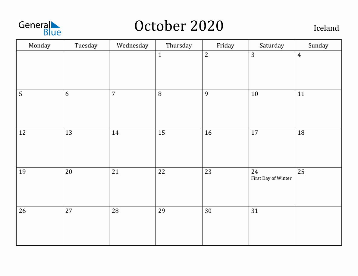 October 2020 Monthly Calendar with Iceland Holidays (Monday Start)