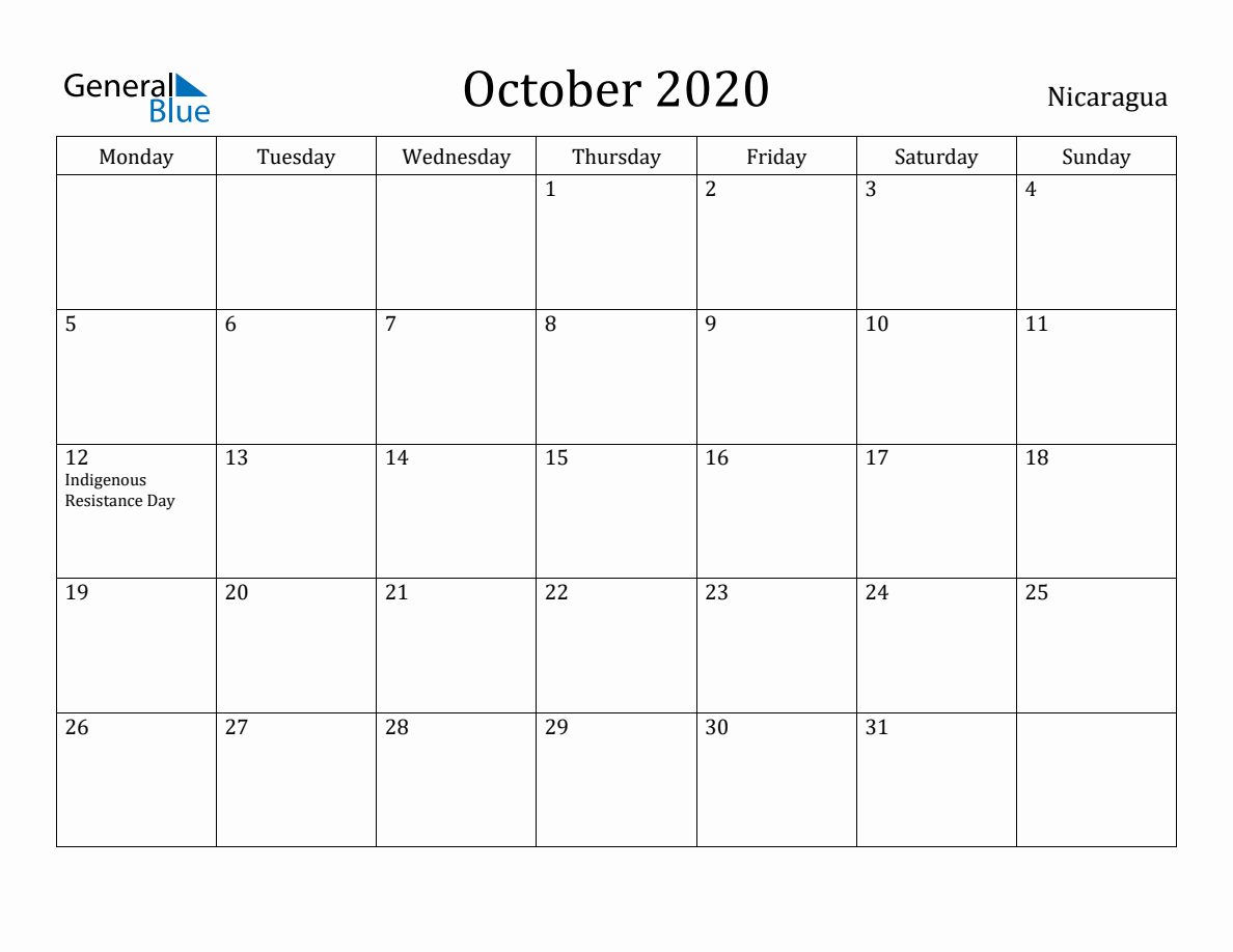 Nicaragua Monthly Calendar - October 2020 (Monday Start)