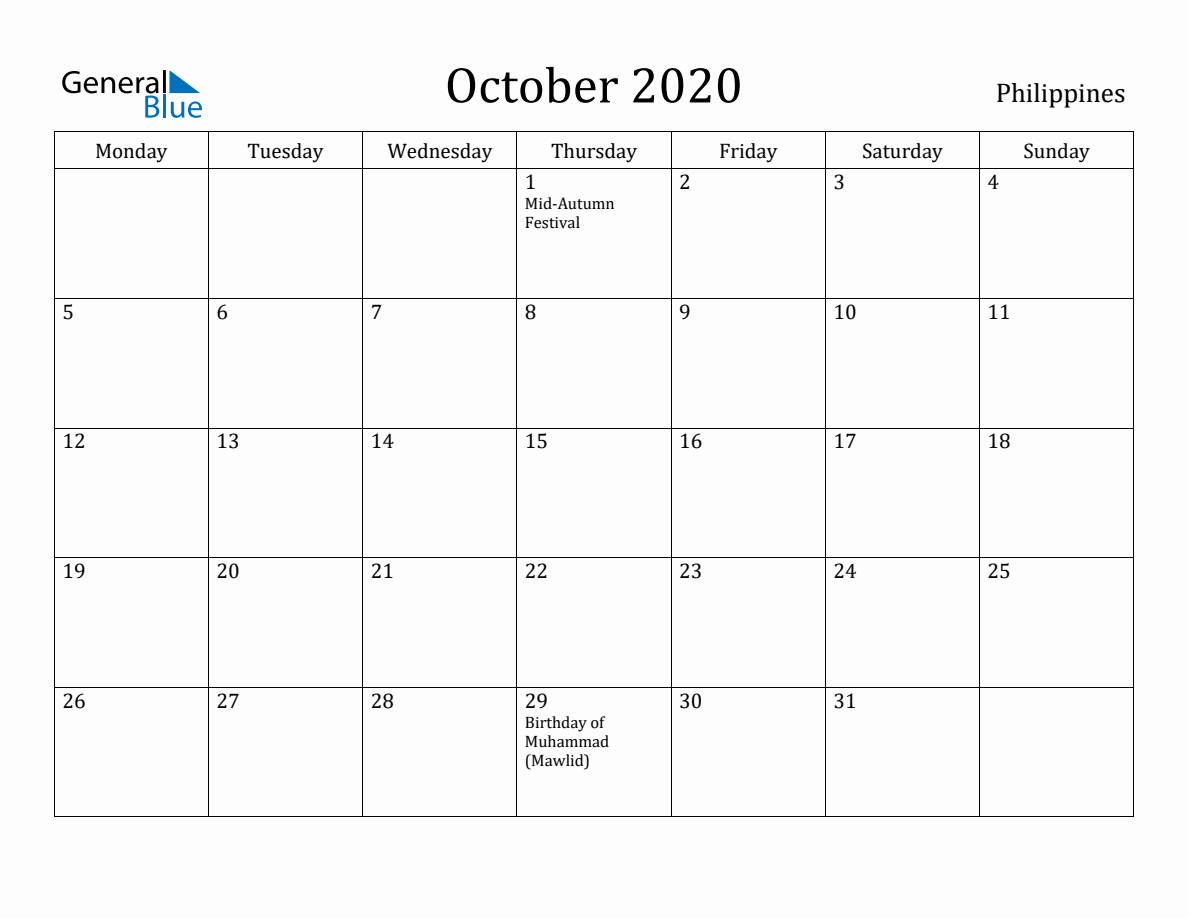 Philippines Monthly Calendar - October 2020 (Monday Start)