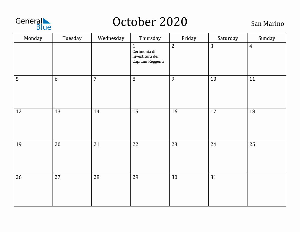 San Marino Monthly Calendar - October 2020 (Monday Start)