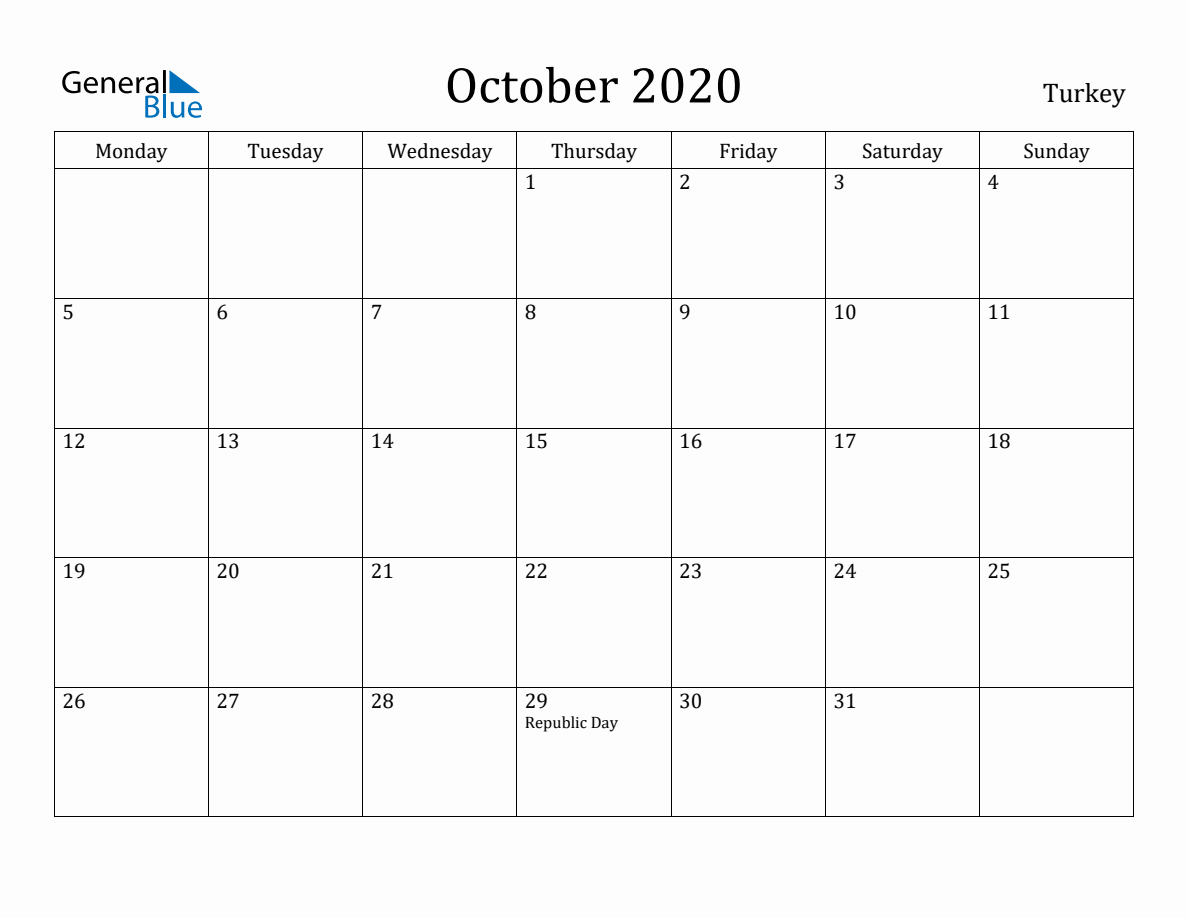 Turkey Monthly Calendar - October 2020 (Monday Start)