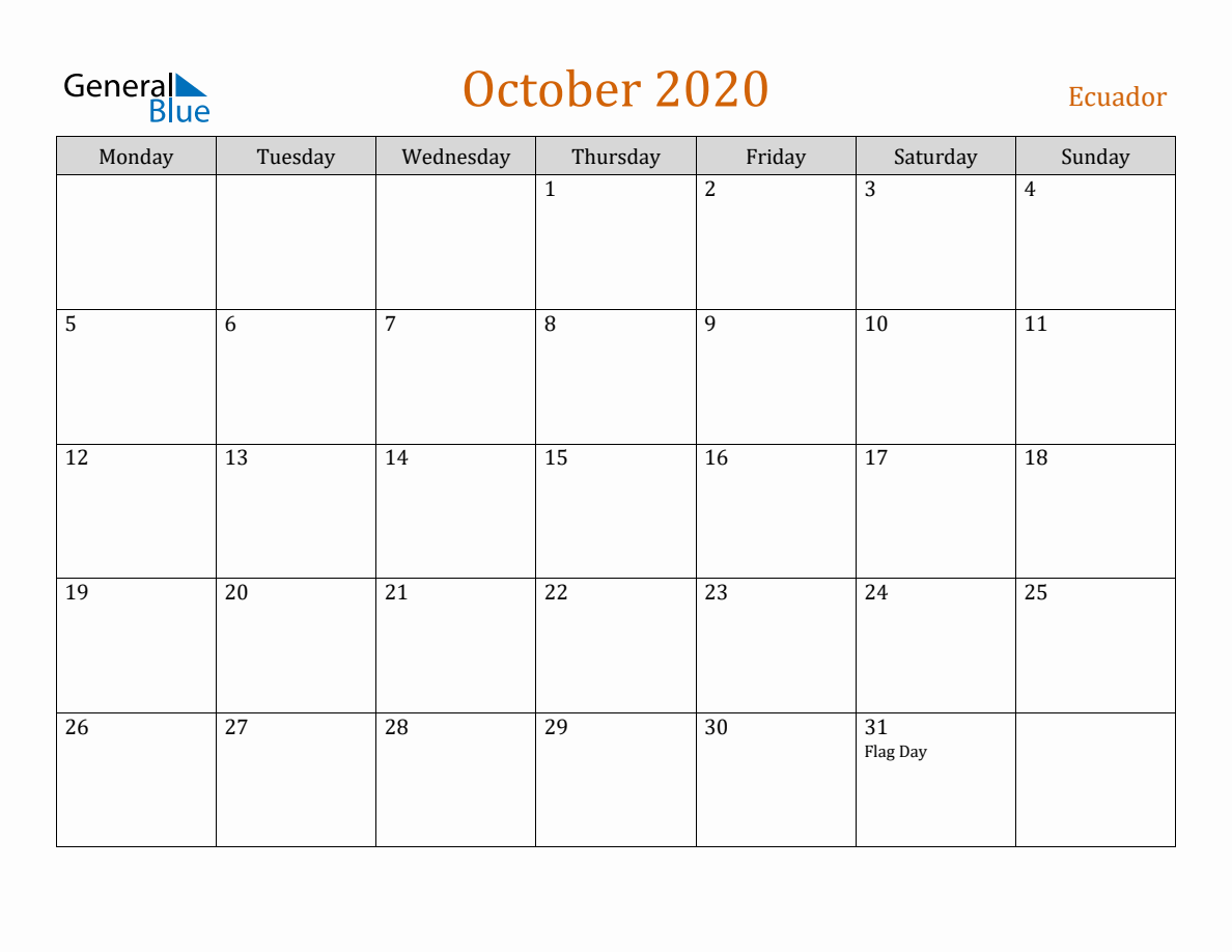 Free October 2020 Ecuador Calendar