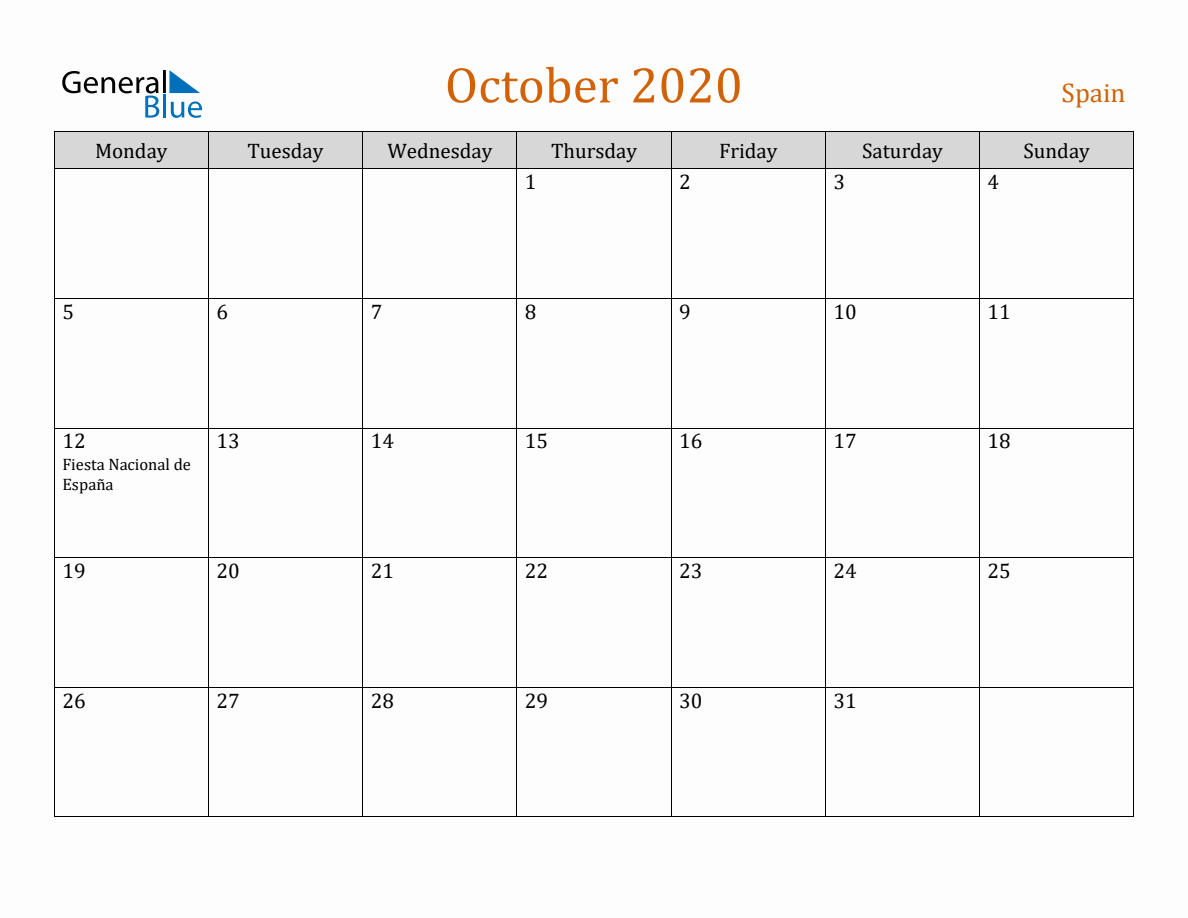 Free October 2020 Spain Calendar (Monday Start)