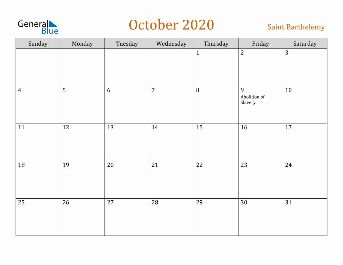 Free October 2020 Saint Barthelemy Calendar