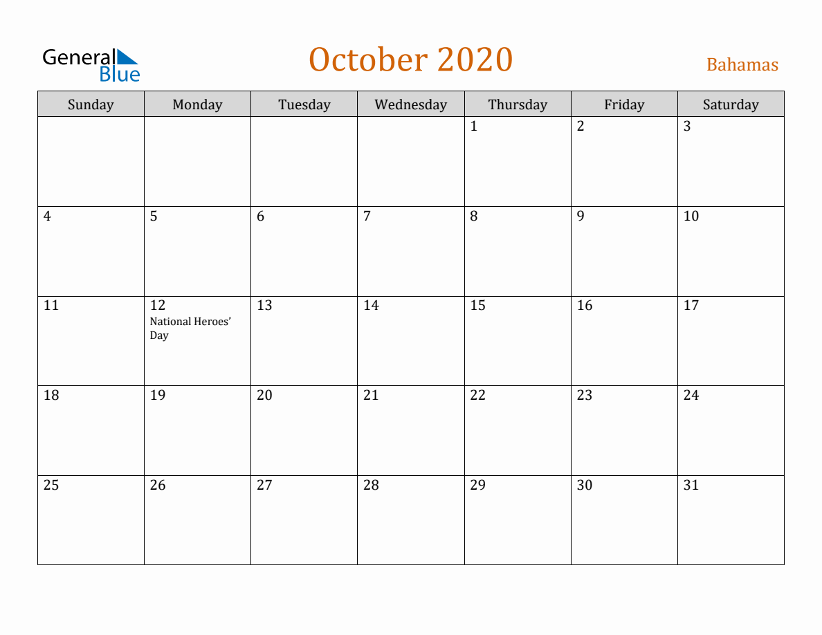 Free October 2020 Bahamas Calendar