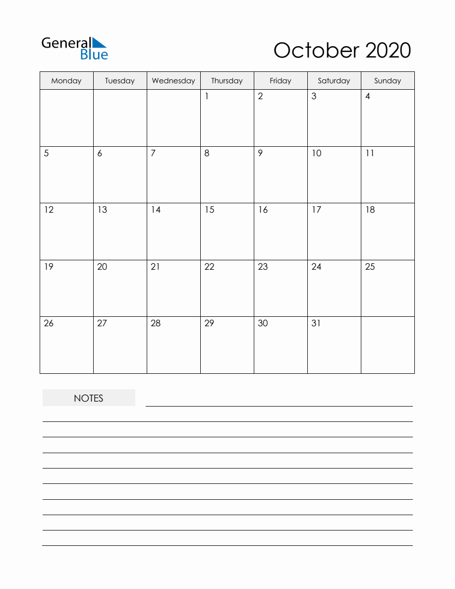 October 2020 Monthly Planner Calendar - Monday Start