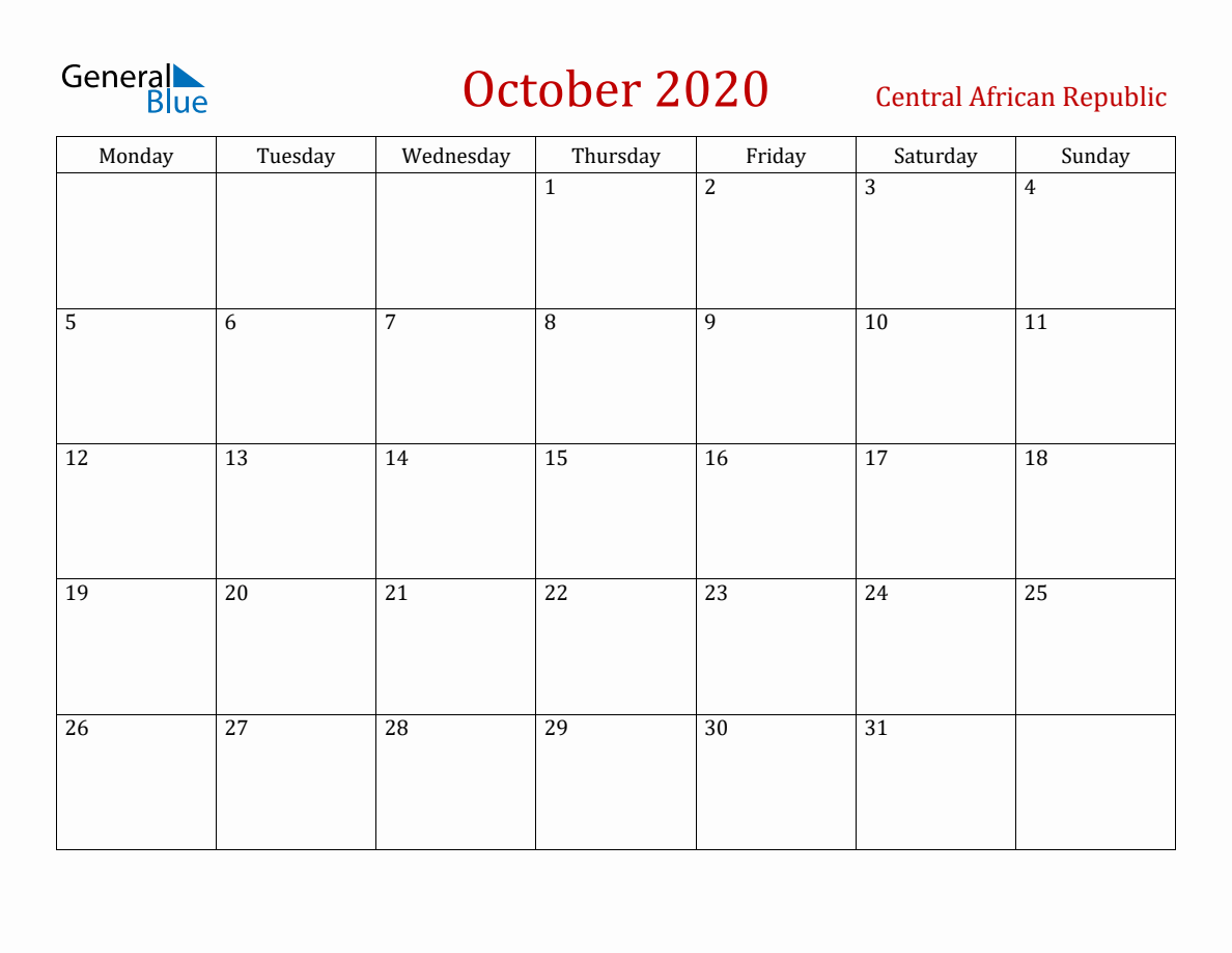 October 2020 Central African Republic Monthly Calendar with Holidays ...