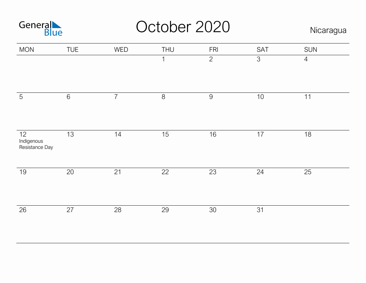 Printable October 2020 Monthly Calendar with Holidays for Nicaragua ...